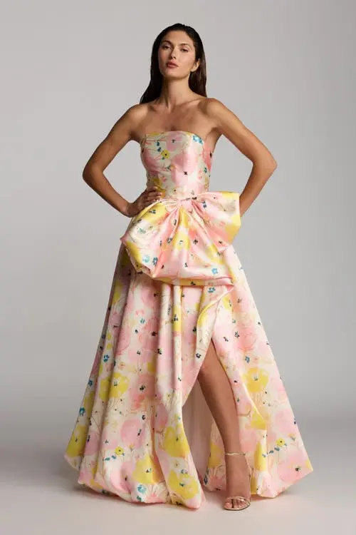 Mac Duggal Mikado Strapless Bubble Hem Ballgown With Bow - Pink Multi