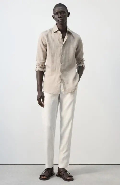 Mango Slim Fit Linen Button-up Shirt - Sand