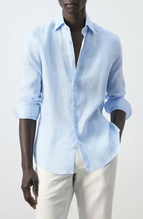 Mango Slim Fit Linen Button-up Shirt - Sky Blue