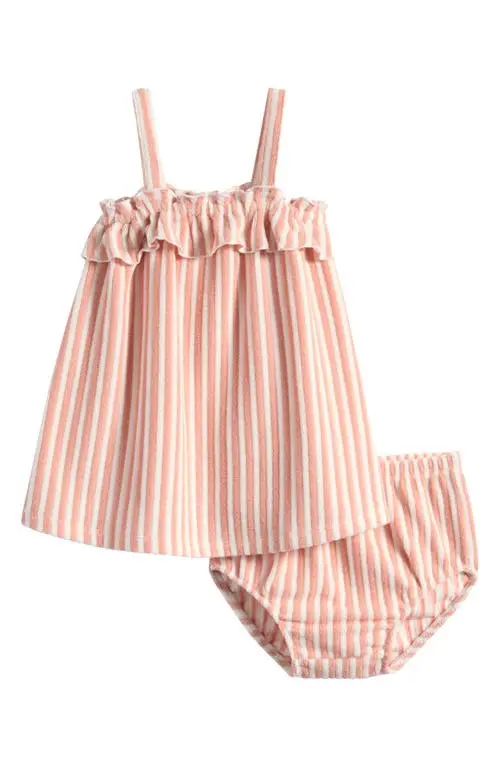 PETIT LEM Stripe Ruffle Organic Cotton Blend Terry Top & Bloomers Set - Light Pink