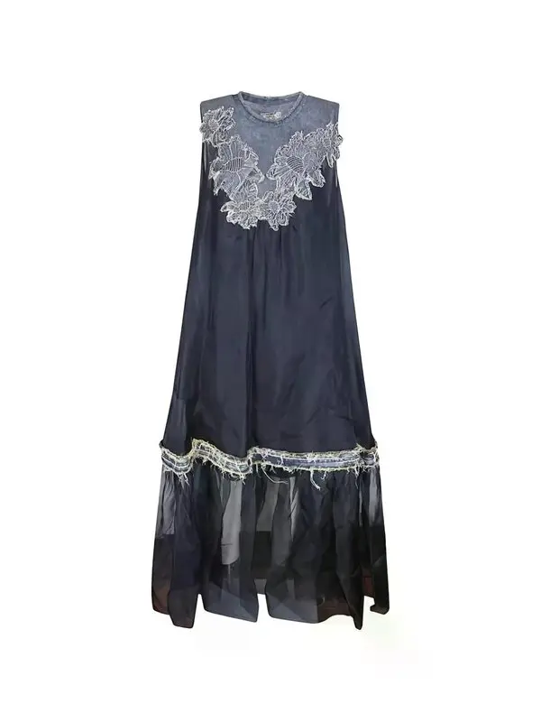 HUI MILANO Floral-appliqué Frayed-edge Midi Dress - Blue