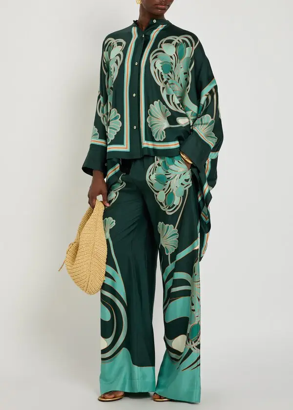 La DoubleJ Printed Silk-twill Palazzo Trousers - Black