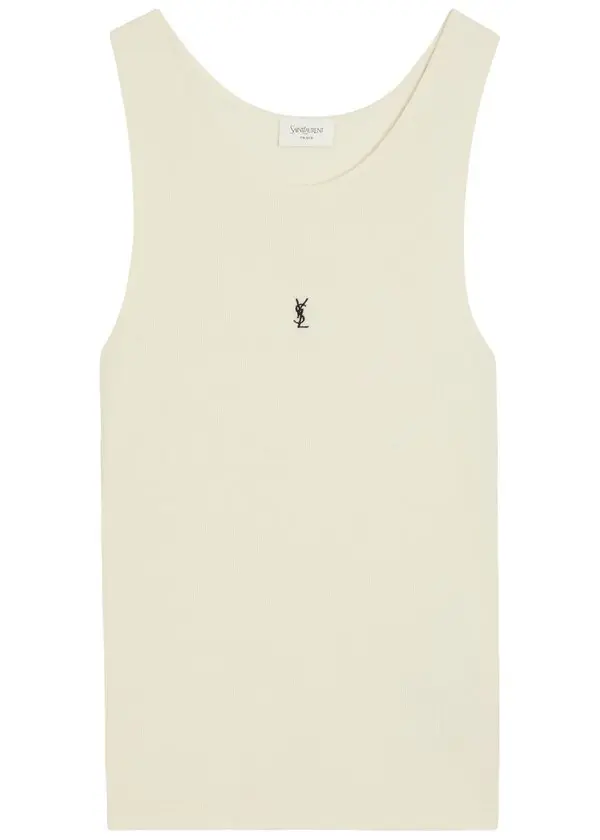 Saint Laurent Logo-embroidered Ribbed Tank - Natural