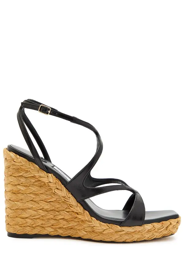 JIMMY CHOO Ayla 110 Leather Espadrille Wedge Sandals - Black