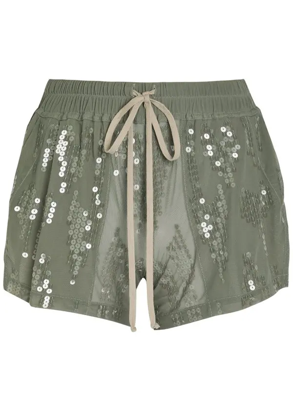 Rick Owens Ricamati Embellished Stretch-tulle Shorts - Light Green