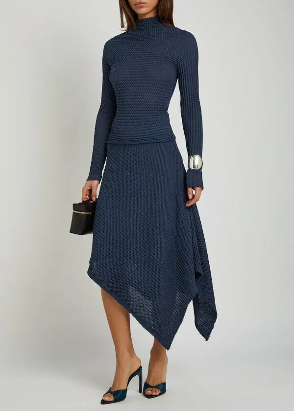 Victoria Beckham Draped Seersucker Fine-knit Midi Skirt
