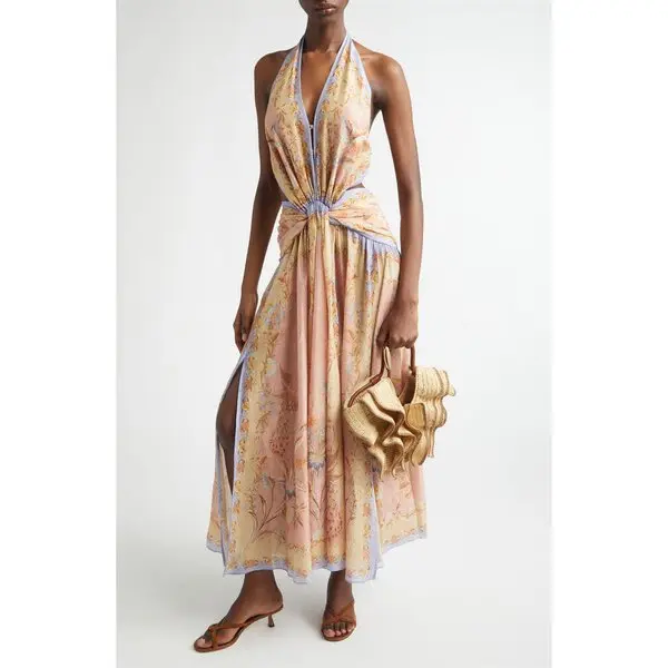 Zimmermann Indra Metallic Stripe Floral Halter Maxi Dress - Pink Scarf Floral