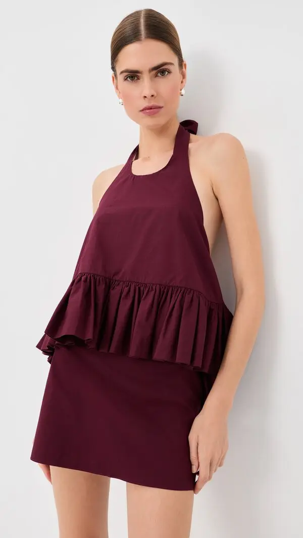 Azeeza Winston Halter Neck Top With Ruffle Trim - Wine