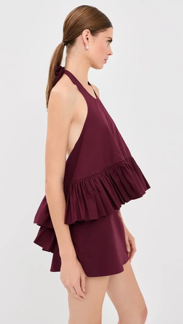 Azeeza Winston Halter Neck Top With Ruffle Trim - Wine
