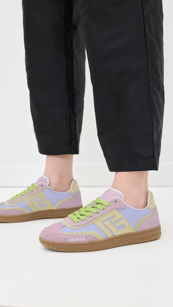 Balmain Swan Suede Leather And Mesh Sneakers - Qei Lilas/vert Clair