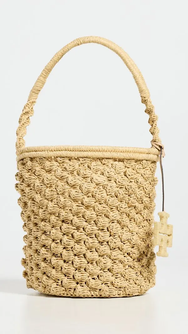 Tory Burch Ella Hand Crochet Popcorn Stitch Bucket Bag - Natural
