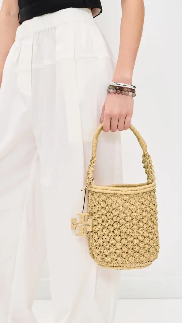 Tory Burch Ella Hand Crochet Popcorn Stitch Bucket Bag - Natural