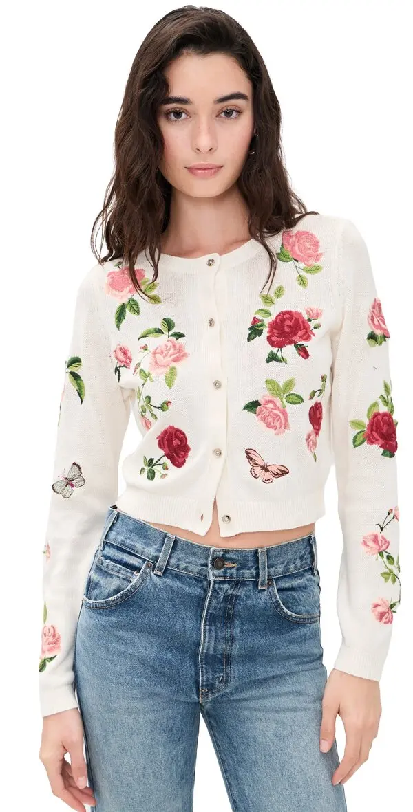 Alice + Olivia Dollie Embroidered Cardigan - Garden Gossip Off White