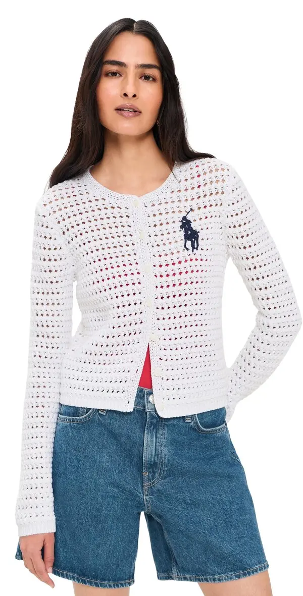 Polo Ralph Lauren Big Pony Crochet Cardigan - White
