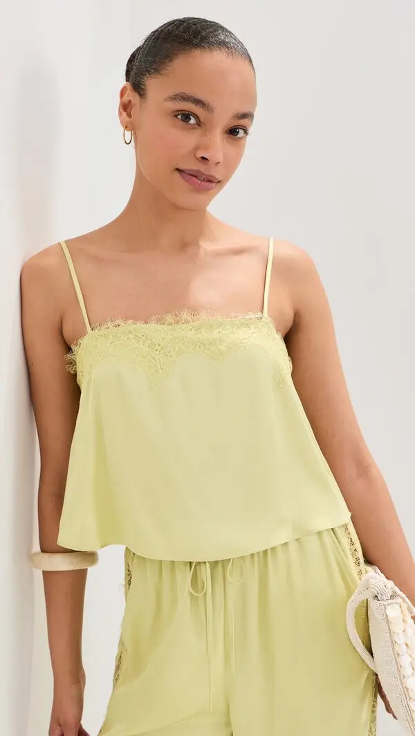 LE BOP Sienna Satin Top With Lace Trim - Honeydew