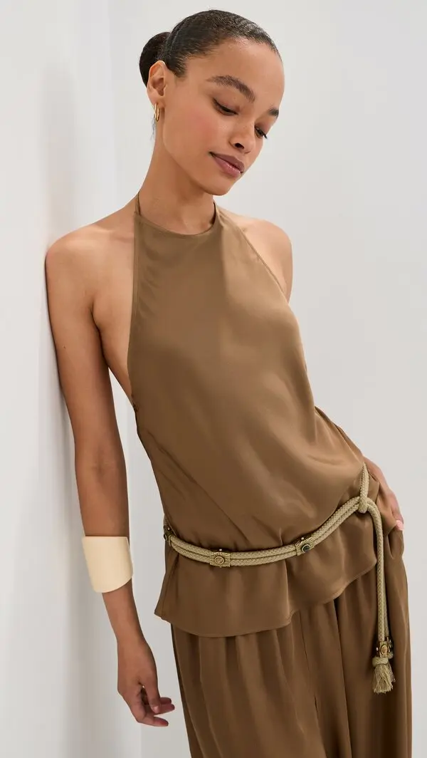 LE BOP Greer Satin Halter Neck Top - Hazelnut