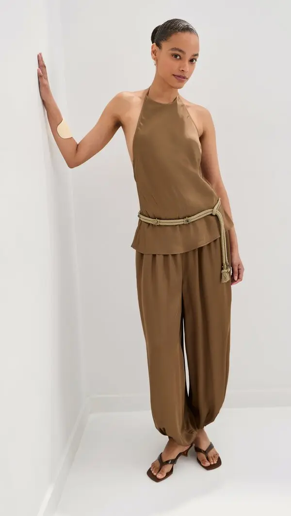LE BOP Greer Satin Halter Neck Top - Hazelnut