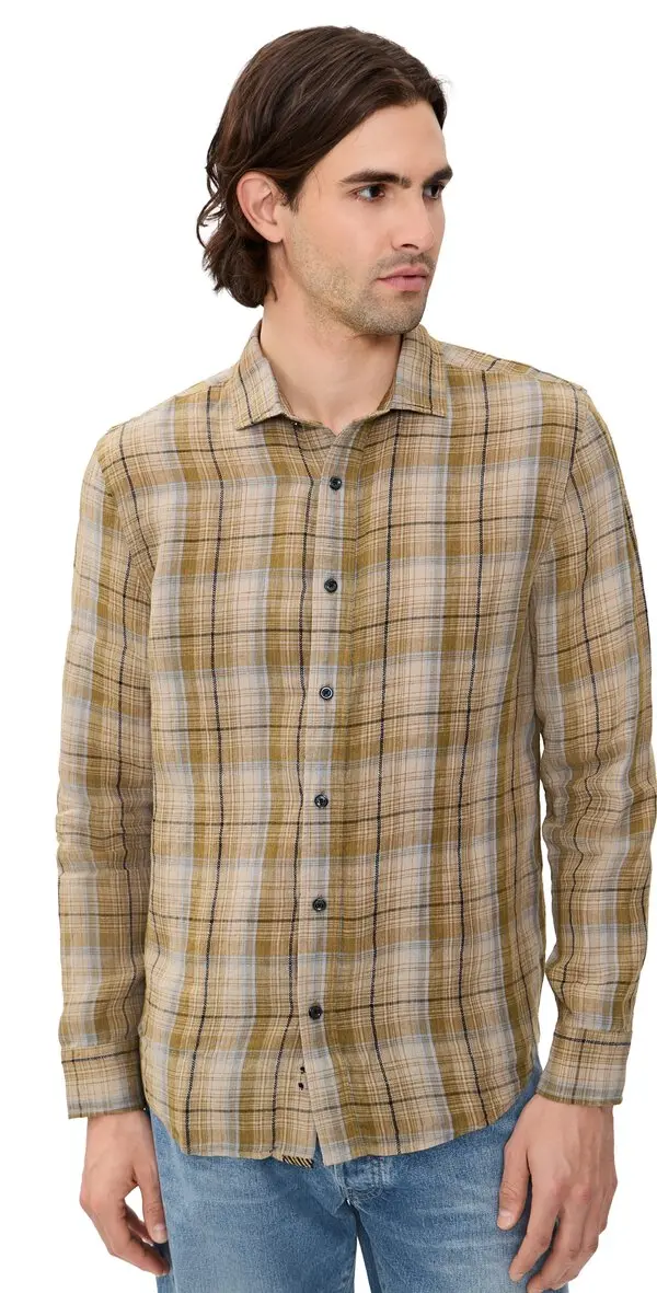 Billy Reid Dobby Plaid Linen Cedar Button Down Shirt - Olive Multi