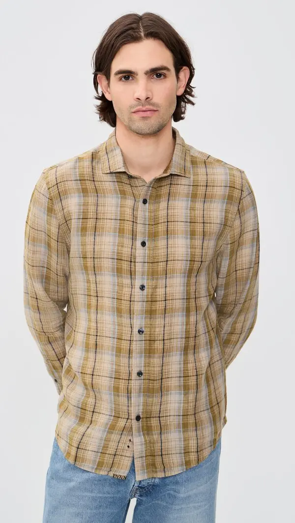 Billy Reid Dobby Plaid Linen Cedar Button Down Shirt - Olive Multi