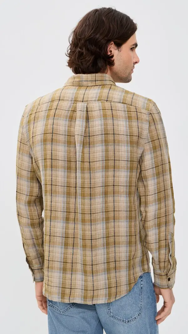 Billy Reid Dobby Plaid Linen Cedar Button Down Shirt - Olive Multi