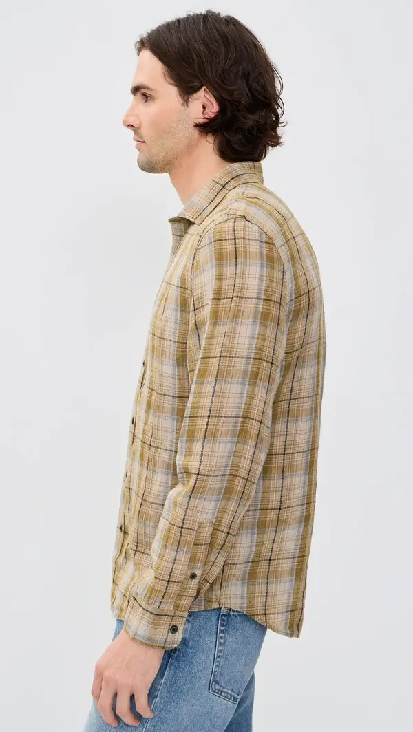 Billy Reid Dobby Plaid Linen Cedar Button Down Shirt - Olive Multi