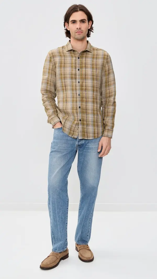 Billy Reid Dobby Plaid Linen Cedar Button Down Shirt - Olive Multi