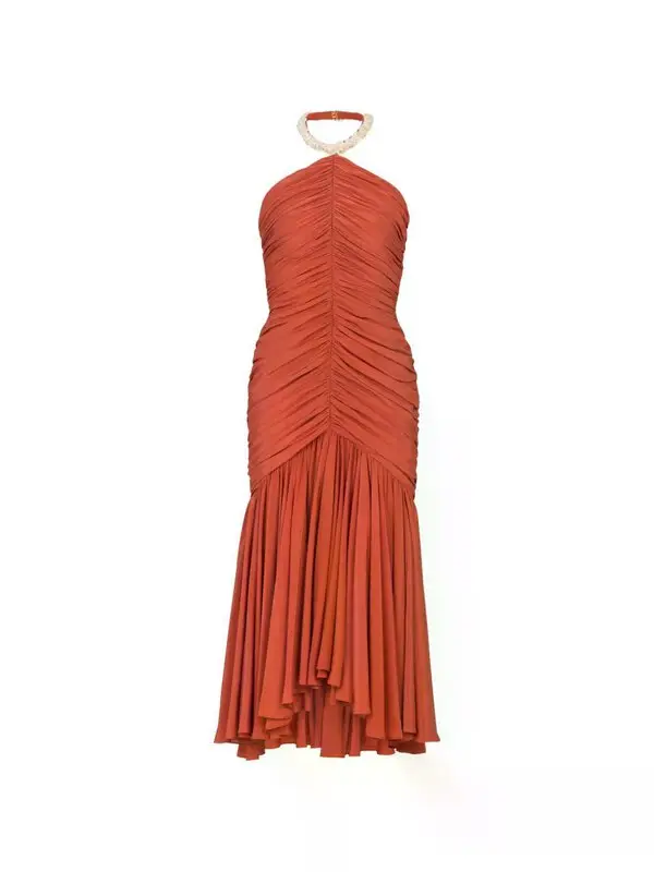 Balmain Ruched Halterneck Midi Dress - Red
