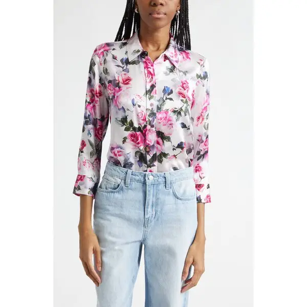 L'Agence Floral Print Three-quarter Sleeve Silk Shirt - Pink Multi Water Rose