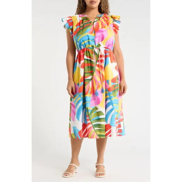 SUGARLIPS Breezy Palms Tiarna Flutter Sleeve Midi Dress - White Red Green