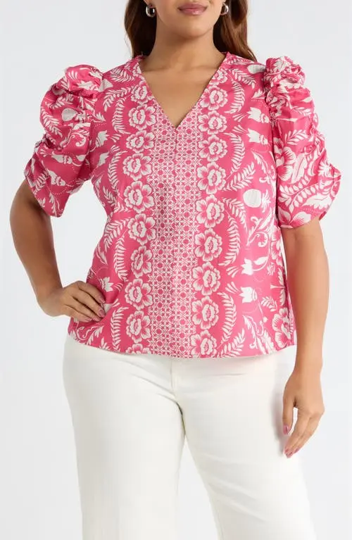 SUGARLIPS Rania Floral Chancellor Ruched Sleeve Cotton Top - Pink-white