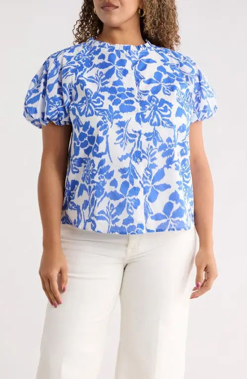 SUGARLIPS Shia Floral Avy Cotton Button-up Top - White Blue