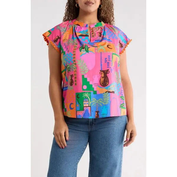 SUGARLIPS Lanus City Print Ayla Cotton Top - Fuchsia-multi