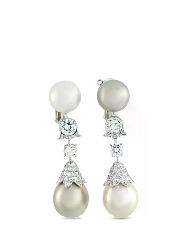Cartier Pearl And Diamond 18k White Gold Drop Earrings - Silver