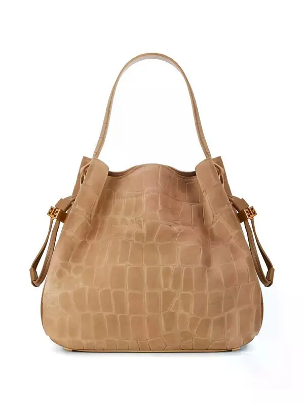 Elisabetta Franchi Crocodile Print Suede Bucket Bag - Brown