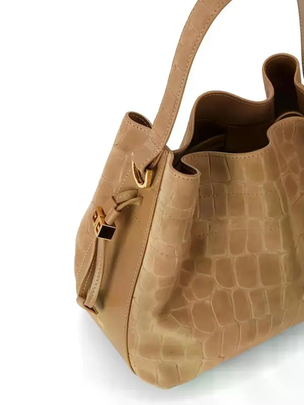 Elisabetta Franchi Crocodile Print Suede Bucket Bag - Brown