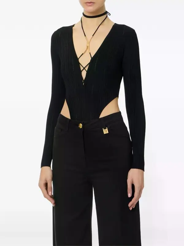 Elisabetta Franchi Knit Bodysuit With Plunge Neckline And Jewel Detail - Black