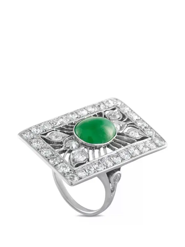 LB EXCLUSIVE Art Deco Jade And Diamond 18k Gold Ring - Silver
