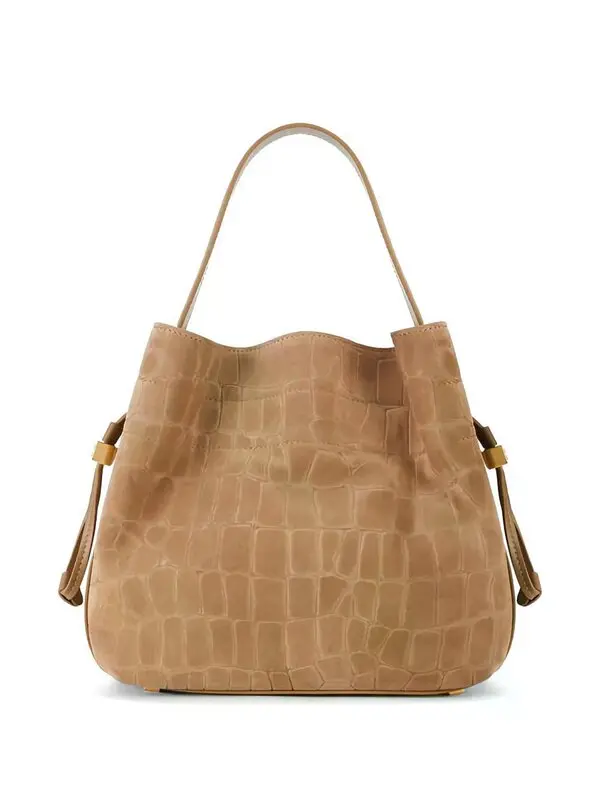 Elisabetta Franchi Crocodile Print Suede Bucket Bag - Brown