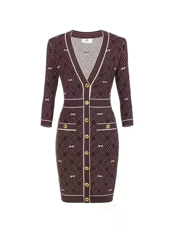 Elisabetta Franchi Diamond Jacquard Knit Mini Dress With Gold-tone Logo Buttons