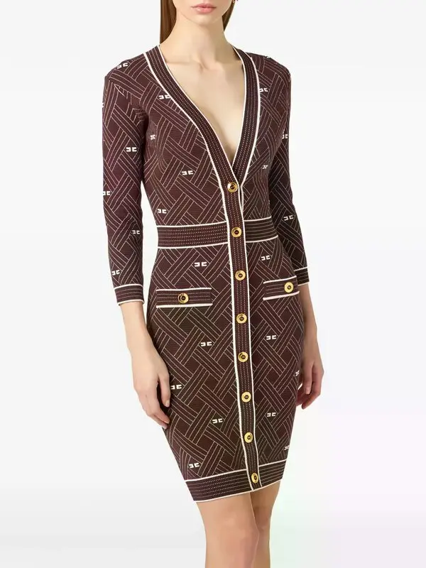 Elisabetta Franchi Diamond Jacquard Knit Mini Dress With Gold-tone Logo Buttons