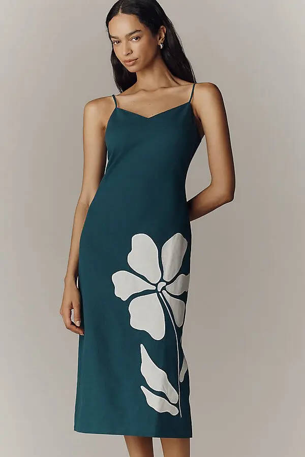 EXQUISE Linen Midi Dress - Botanical Garden Green