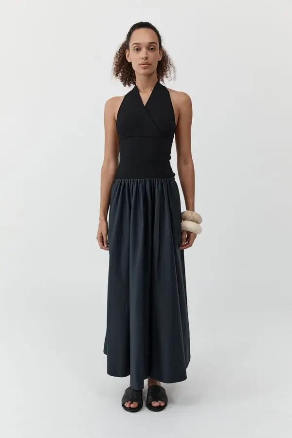 ST. AGNI Knit Halter Backless Maxi Dress - Black