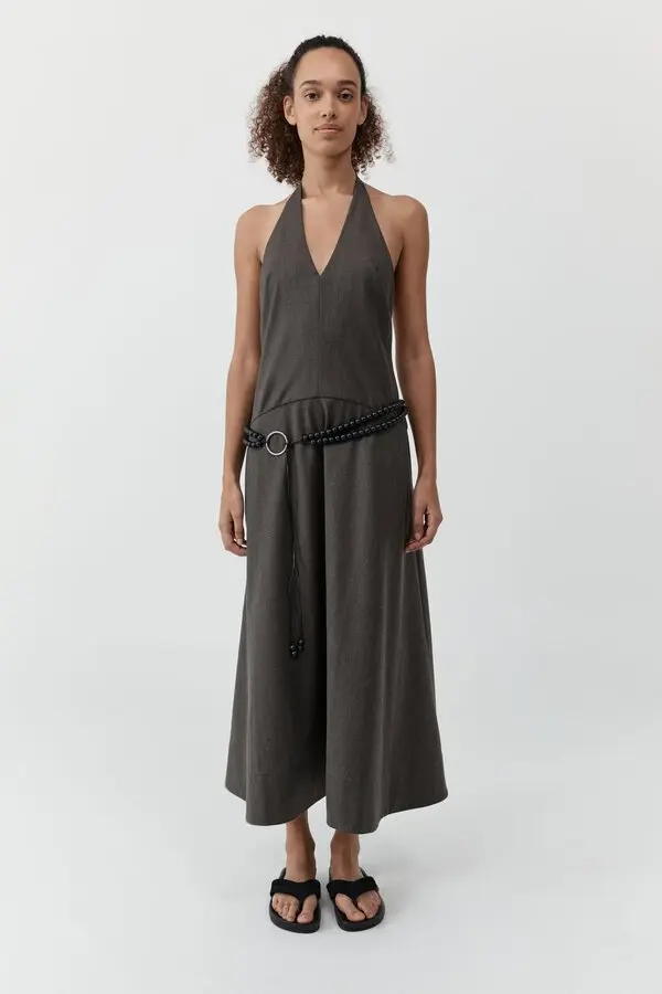 ST. AGNI Wool Halter Plunge Dress - Mulch