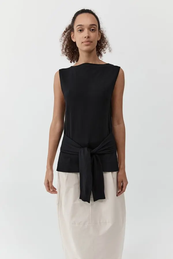 ST. AGNI Fine Merino Tie Waist Top - Black