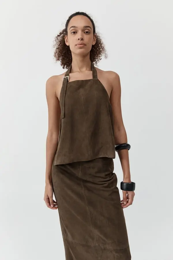 ST. AGNI Suede Apron Top - Khaki