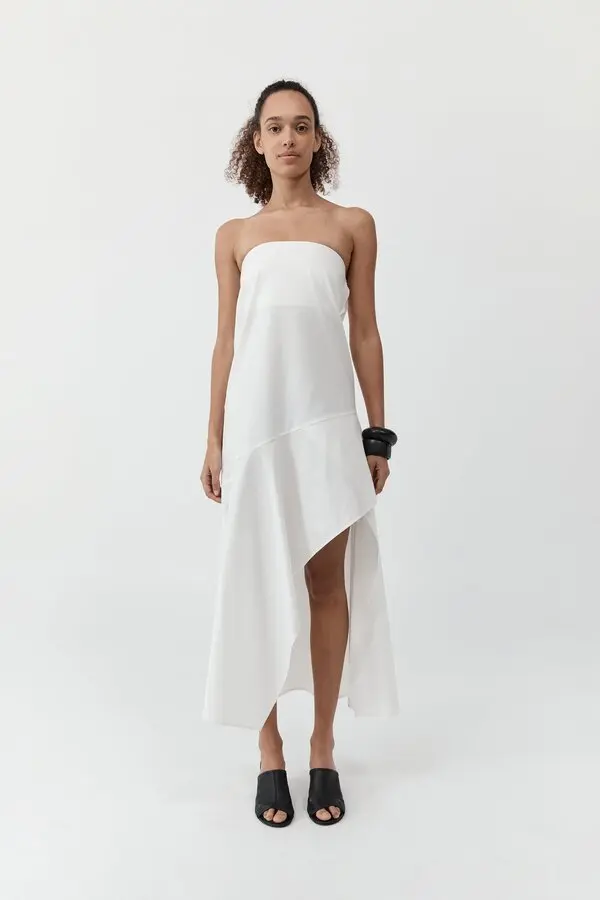 ST. AGNI Oxford Strapless Asymmetric Dress - White