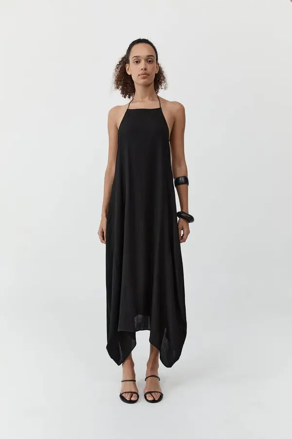 ST. AGNI Textured Weave Halter Maxi Dress - Black