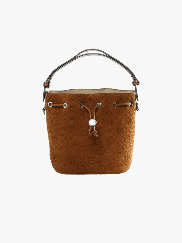 Tory Burch T Monogram Suede Bucket Bag - Brown