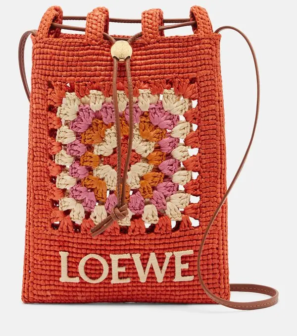 Loewe Paula's Ibiza Crochet Raffia Pouch With Leather Strap - Orange