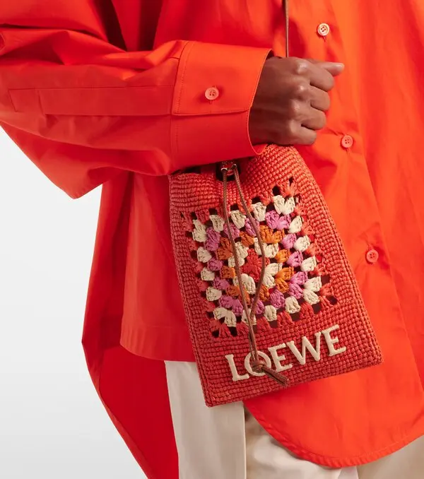 Loewe Paula's Ibiza Crochet Raffia Pouch With Leather Strap